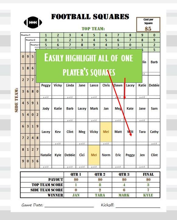 50 Square Football Squares Excel Template, Reusable, Editable, Auto ...