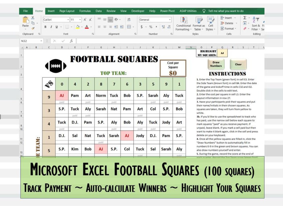 Football Squares Excel Template, Reusable, Editable, Auto-calculate ...