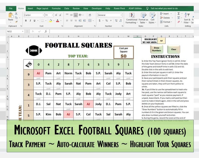 Football Squares Excel Template, Reusable, Editable, Auto-calculate ...