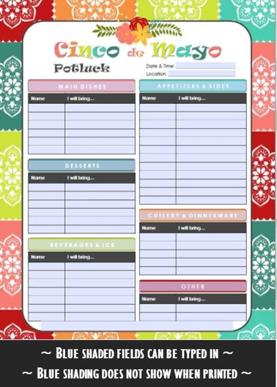 Cinco De Mayo Potluck Sign Up Sheet Template