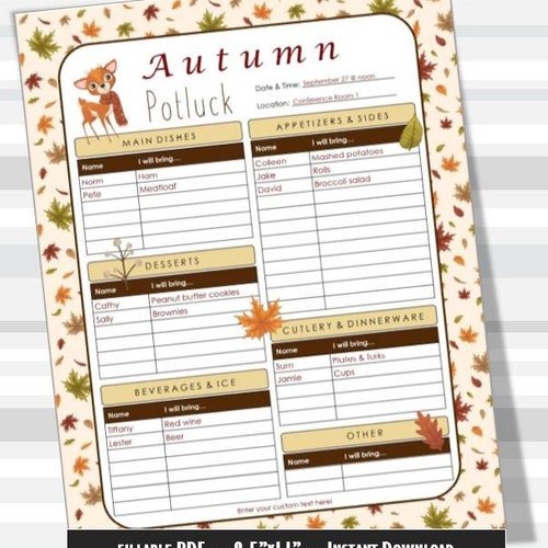 Thanksgiving Printable Potluck Sign-up Sheet 8.5x11 Fillable - Etsy