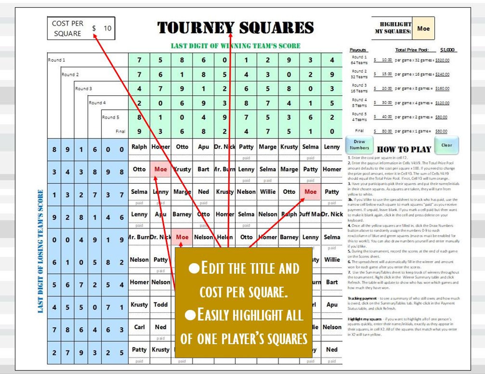 March Bracket Madness, Tourney Squares Excel Template, Automatic ...