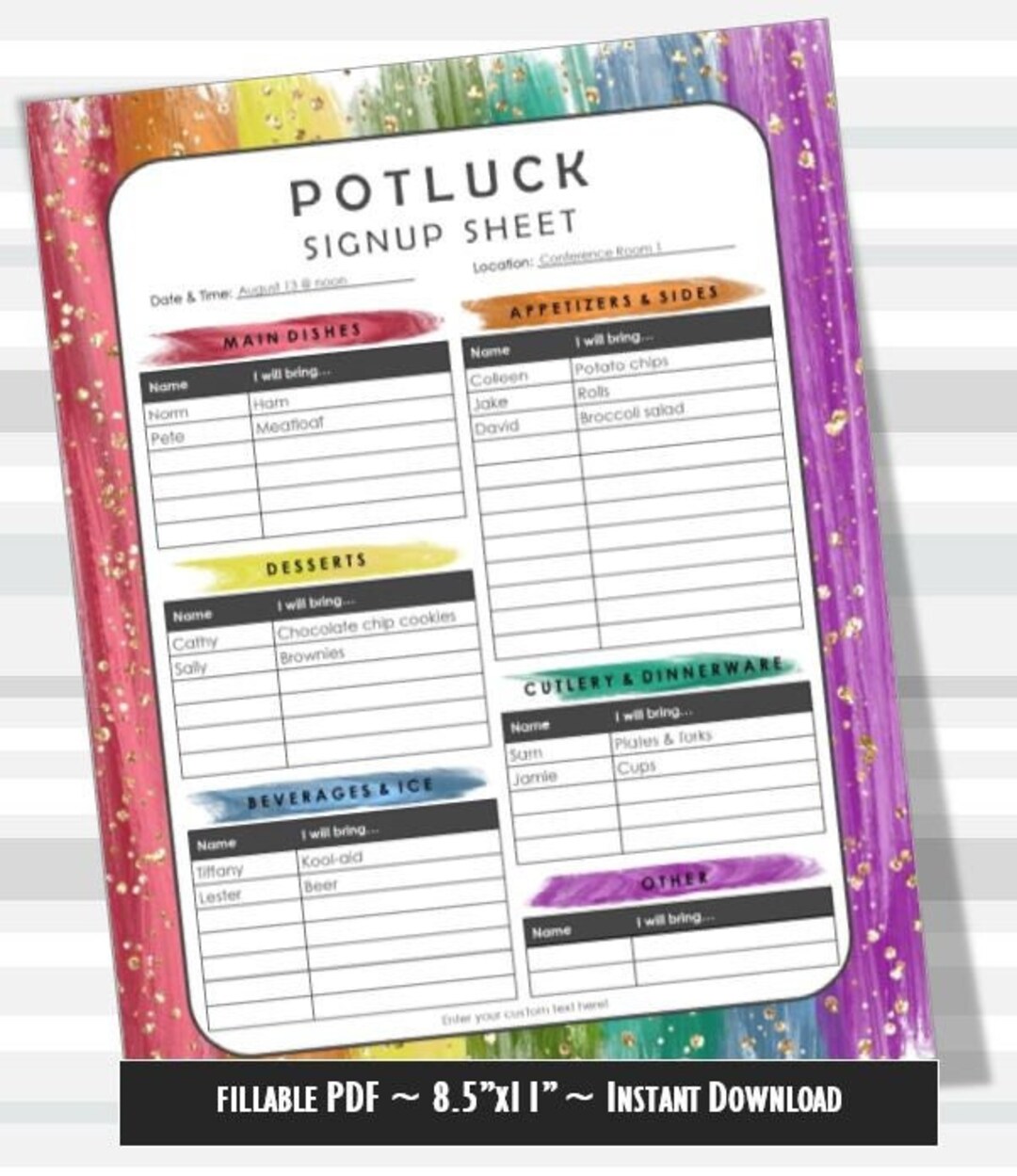Printable Potluck Sign-up Sheet Rainbow, 8.5x11 Fillable PDF, Holiday ...