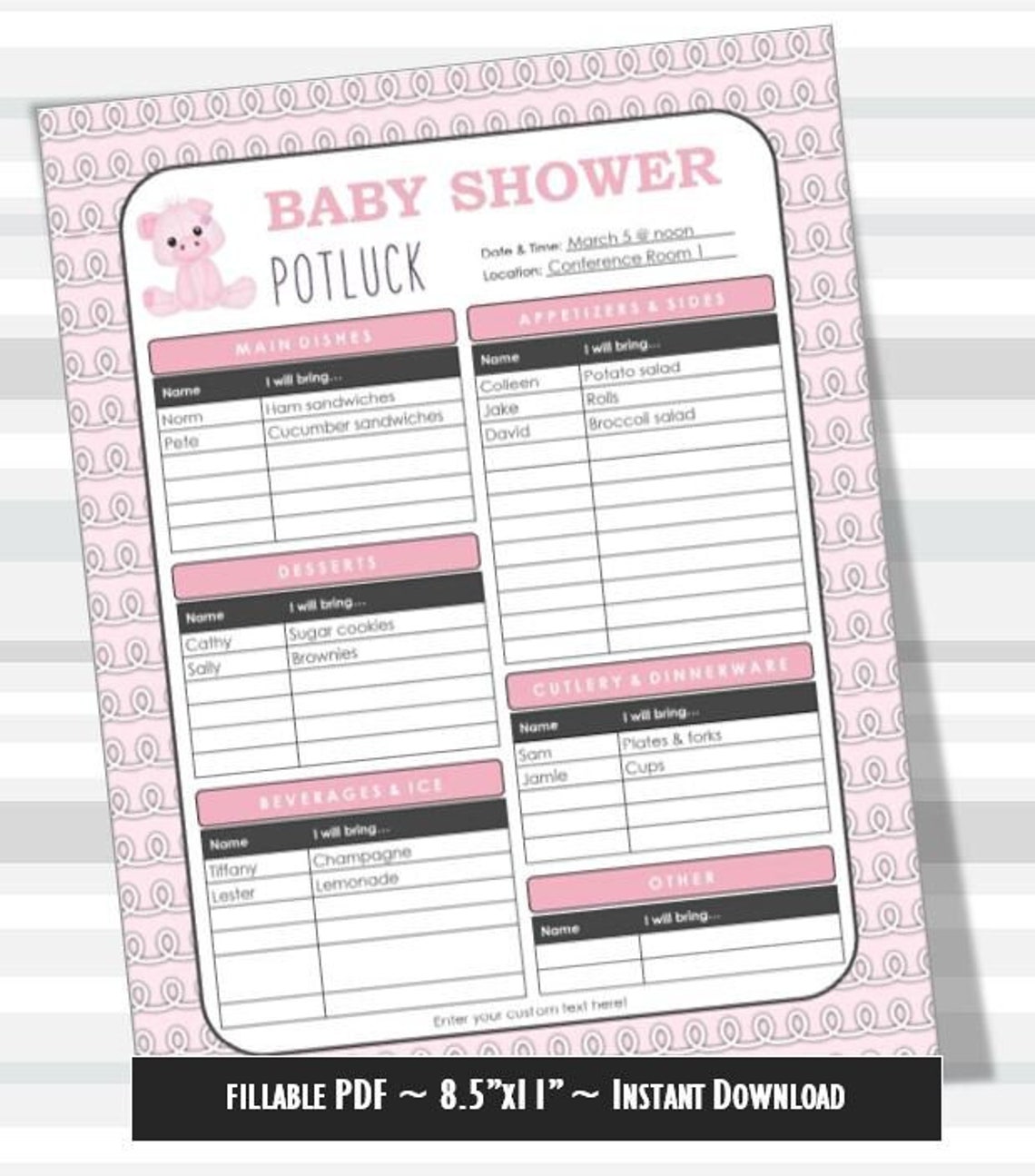 Baby Shower Printable Potluck Sign-up Sheet, 8.5x11 Fillable PDF, Pink ...