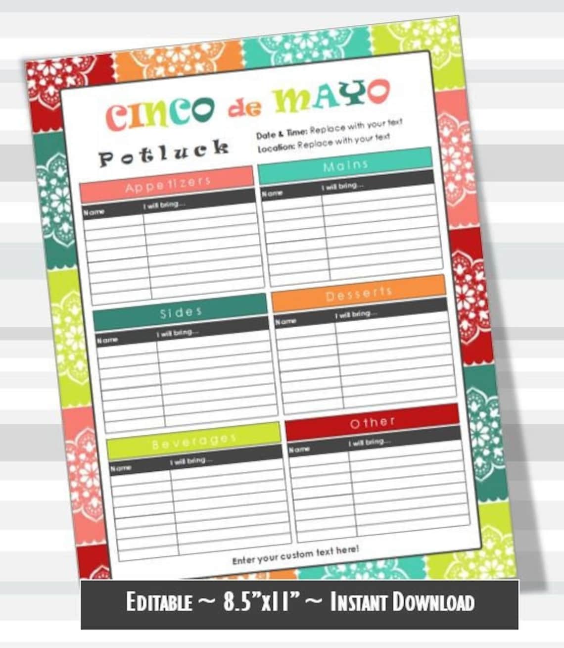 Cinco De Mayo Printable Potluck Sign-up Sheet, EDITABLE, Microsoft ...