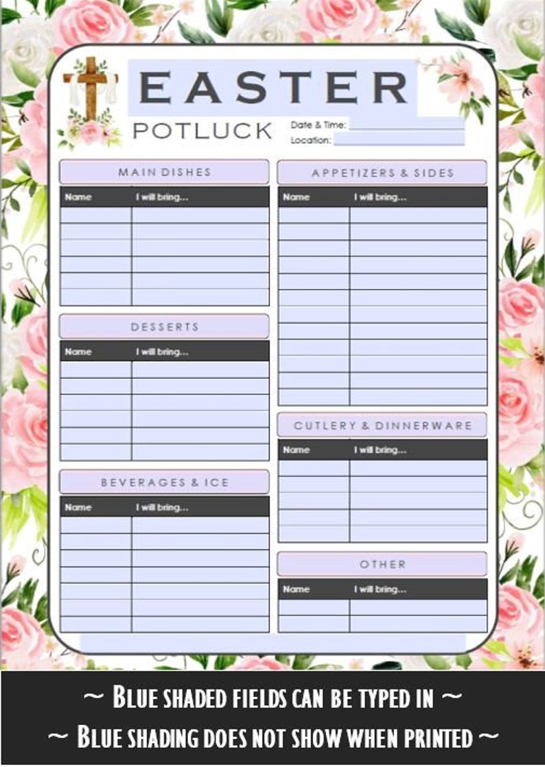 Easter Sunday Printable Potluck Sign-up Sheet, 8.5x11 Fillable PDF ...