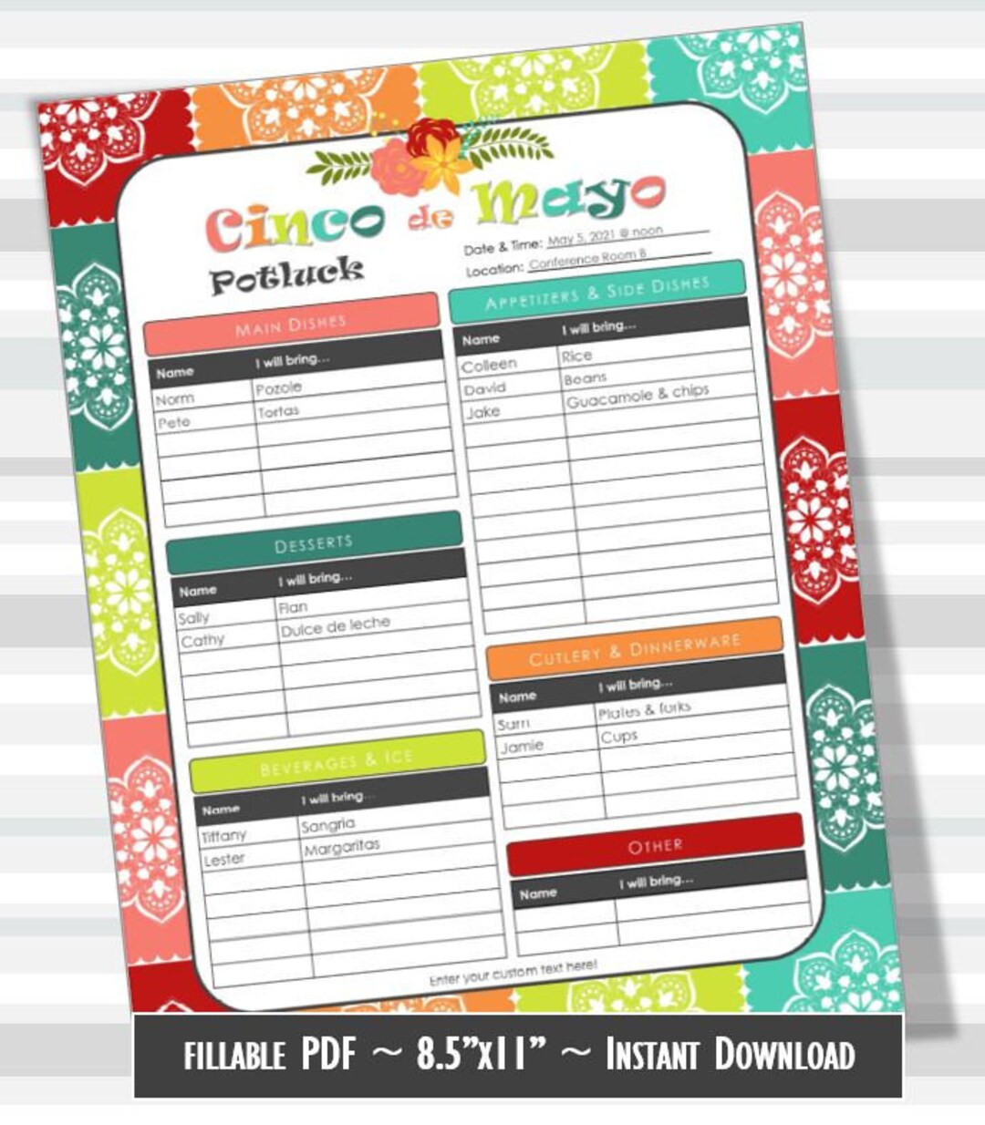 Cinco De Mayo Printable Potluck Sign up Sheet 8 5x11 Fillable Etsy