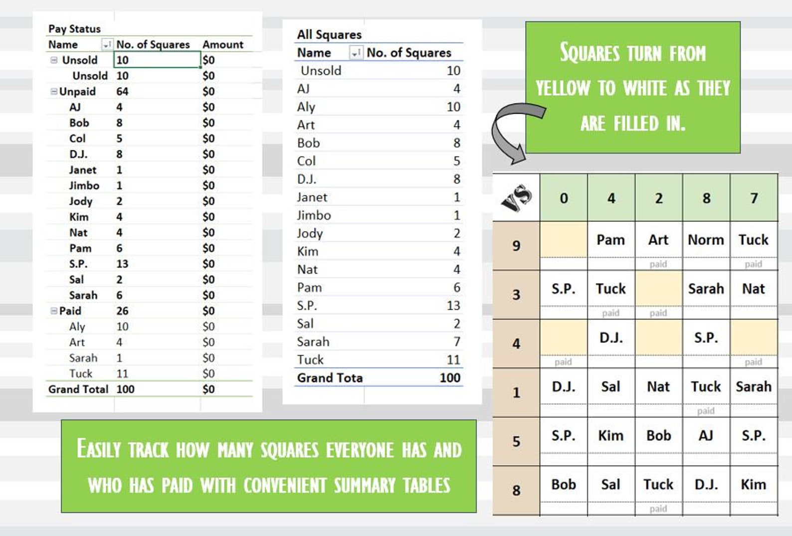 Football Squares Excel Template, Reusable, Editable, Auto-calculate ...