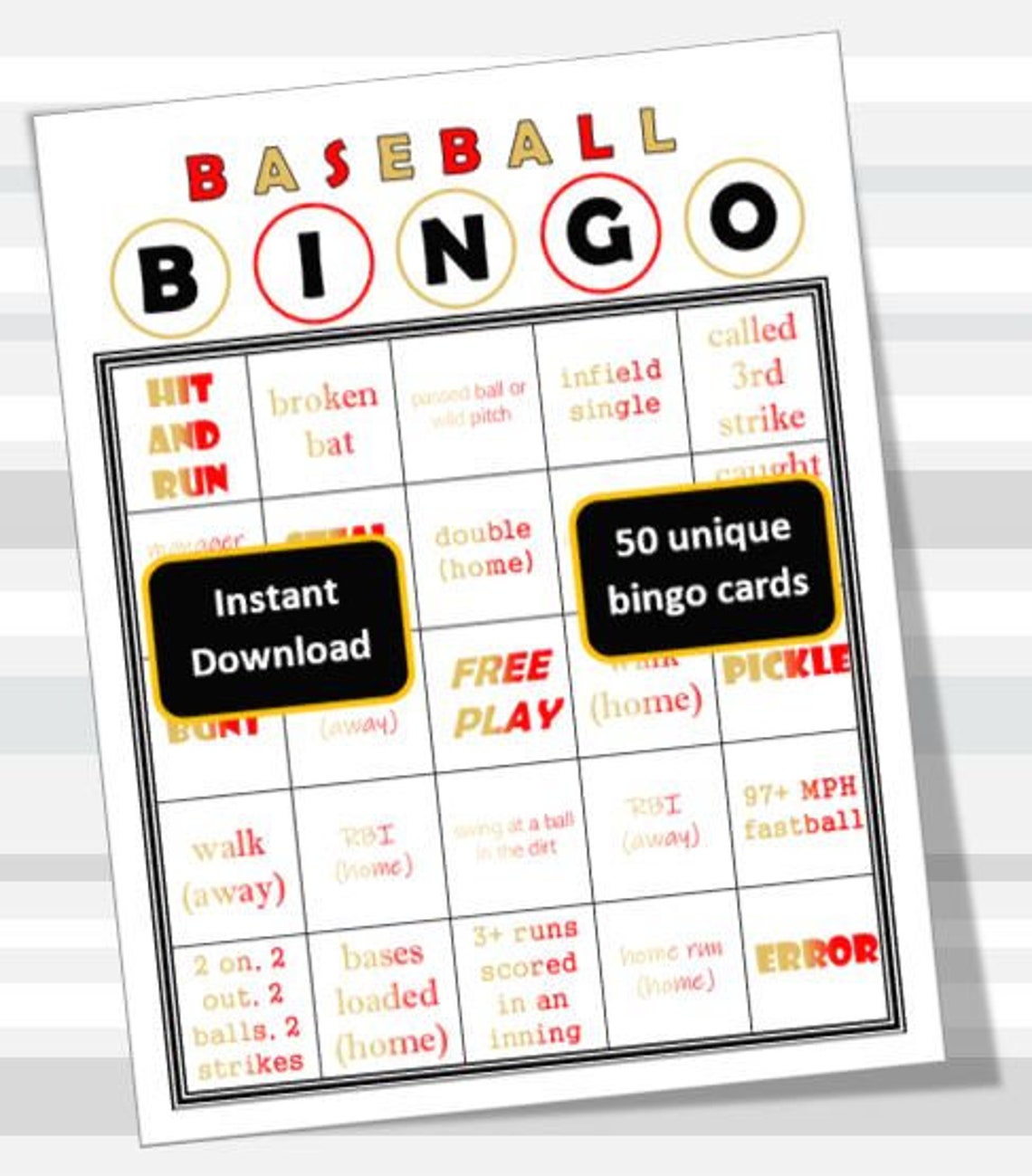 Baseball Bingo Printable Cards, Party Game, Print at Home, 8.5x11 PDF ...