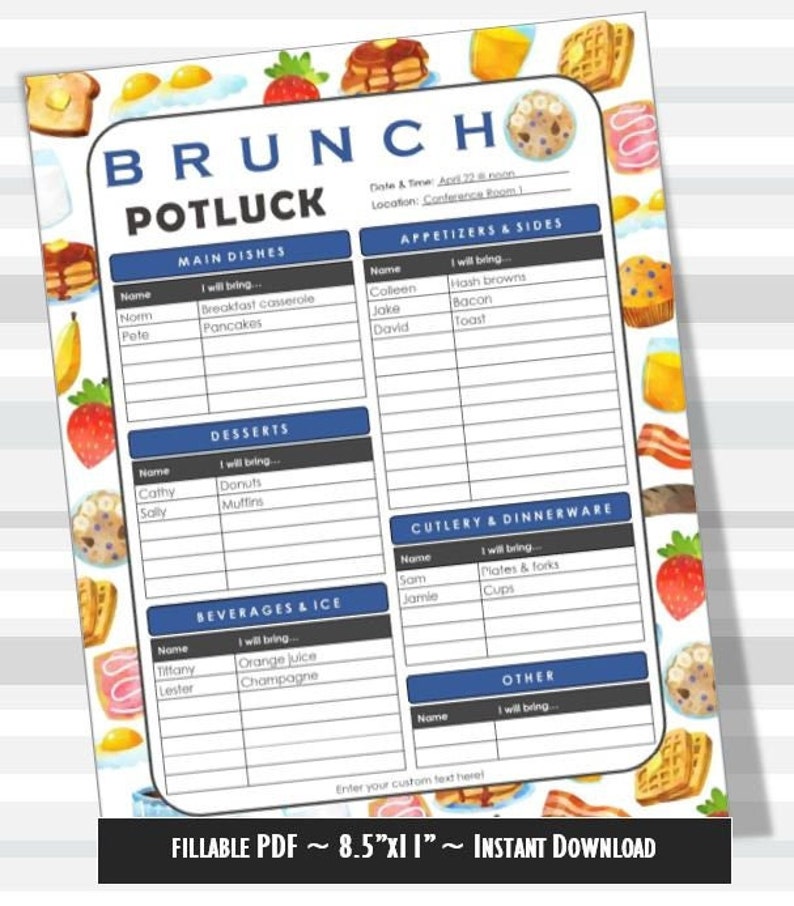 Brunch Printable Potluck Sign-up Sheet, 8.5x11 Fillable PDF, Breakfast ...