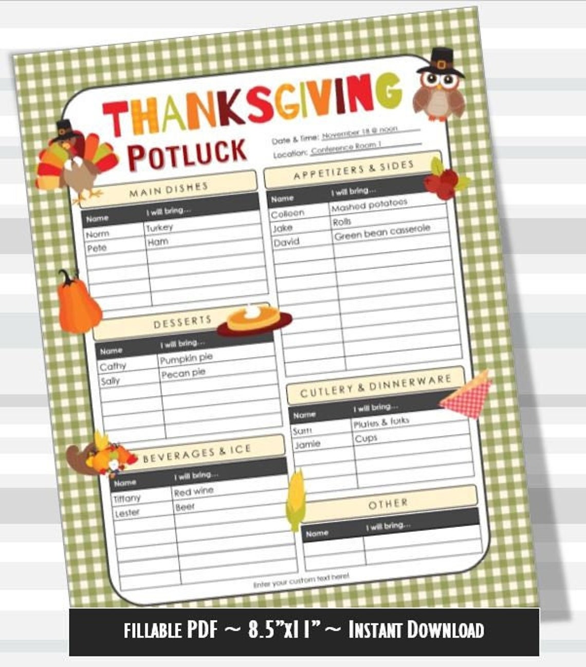Thanksgiving Printable Potluck Sign-up Sheet, 8.5x11 Fillable PDF ...