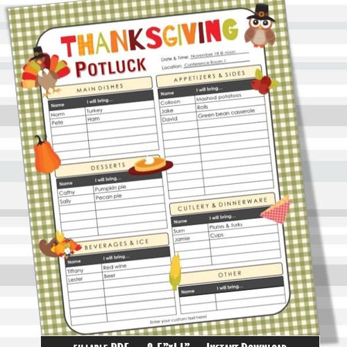 Thanksgiving Printable Potluck Sign-up Sheet 8.5x11 Fillable - Etsy