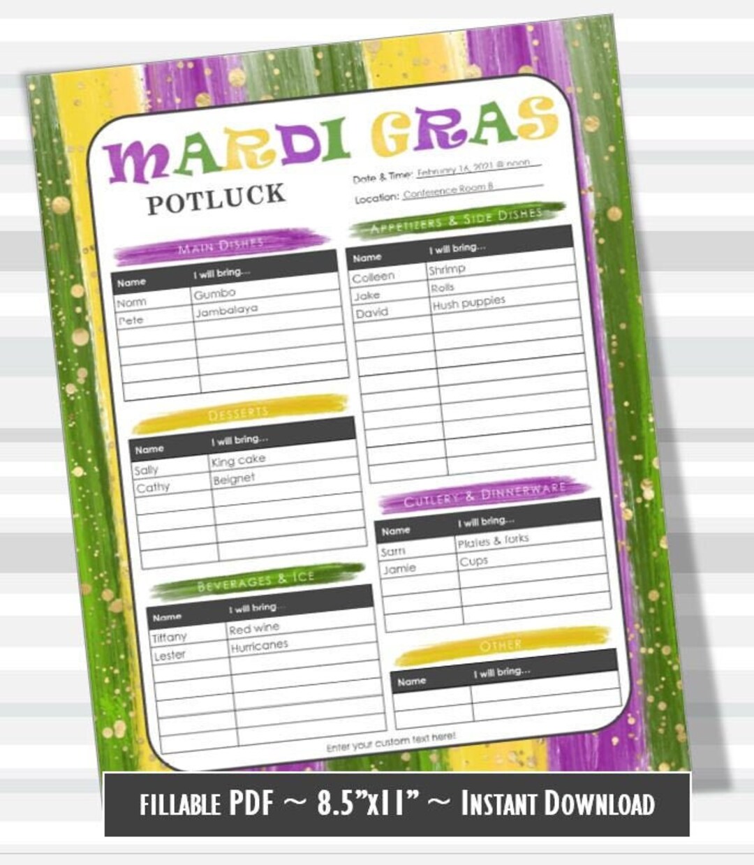 Mardi Gras Printable Potluck Sign-up Sheet 8.5x11 Fillable - Etsy