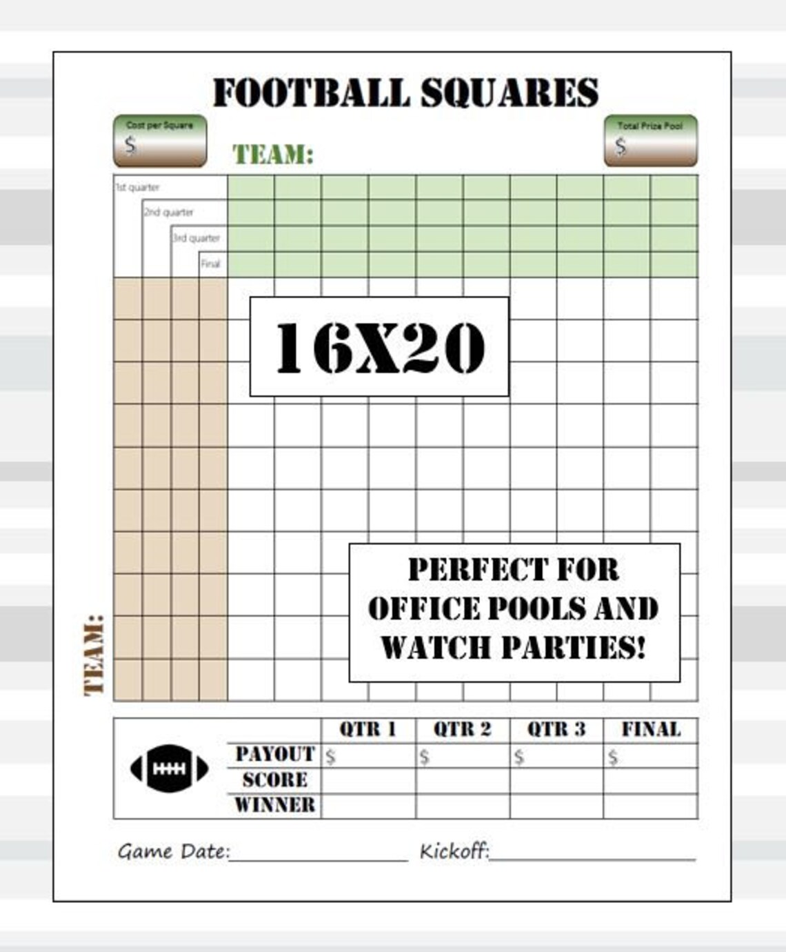 16"x20" Football Squares Printable Template, Office Pool, Instant ...