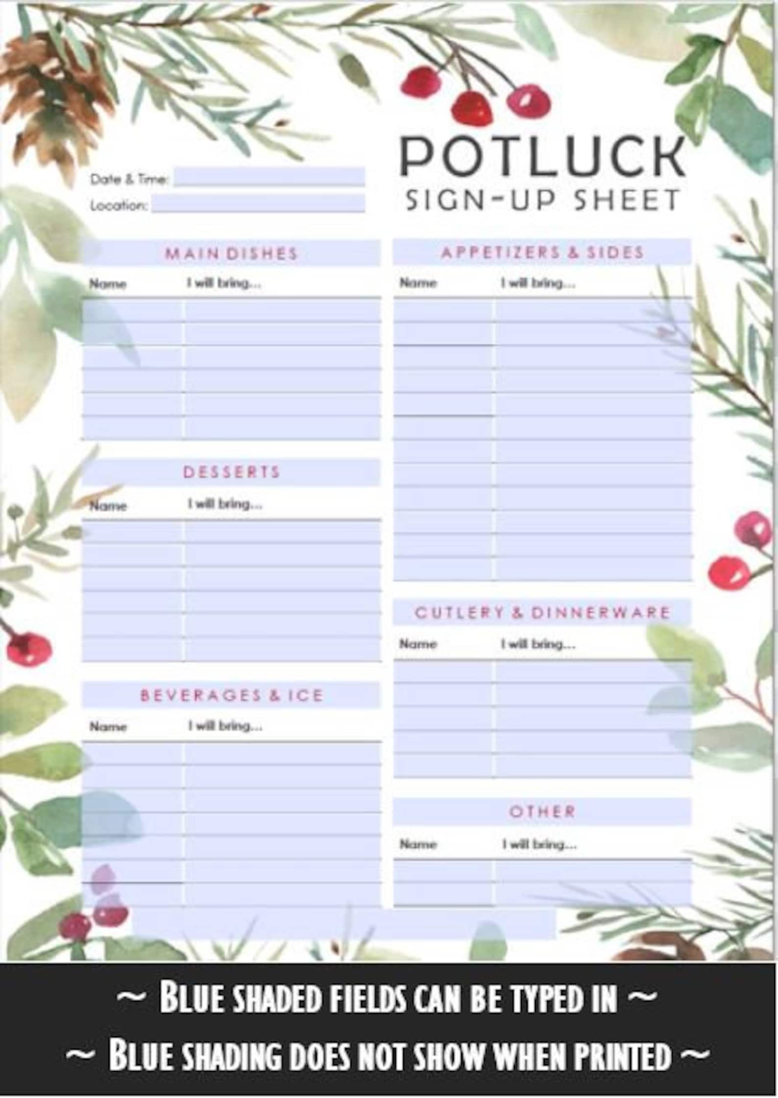 Holiday Greenery Printable Potluck Sign-up Sheet, 8.5x11 Fillable PDF ...