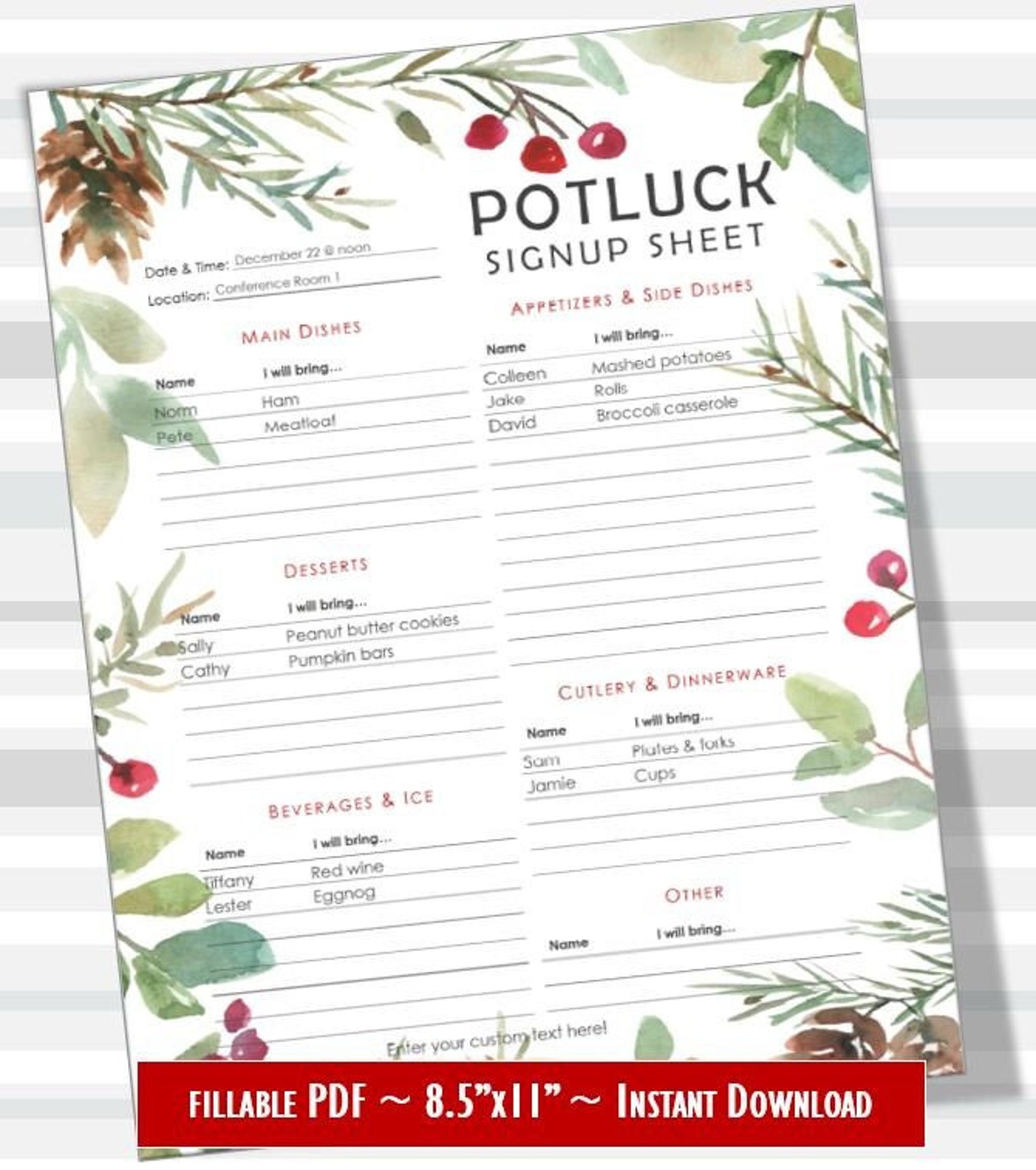 Holiday Greenery Printable Potluck Sign-up Sheet 8.5x11 - Etsy