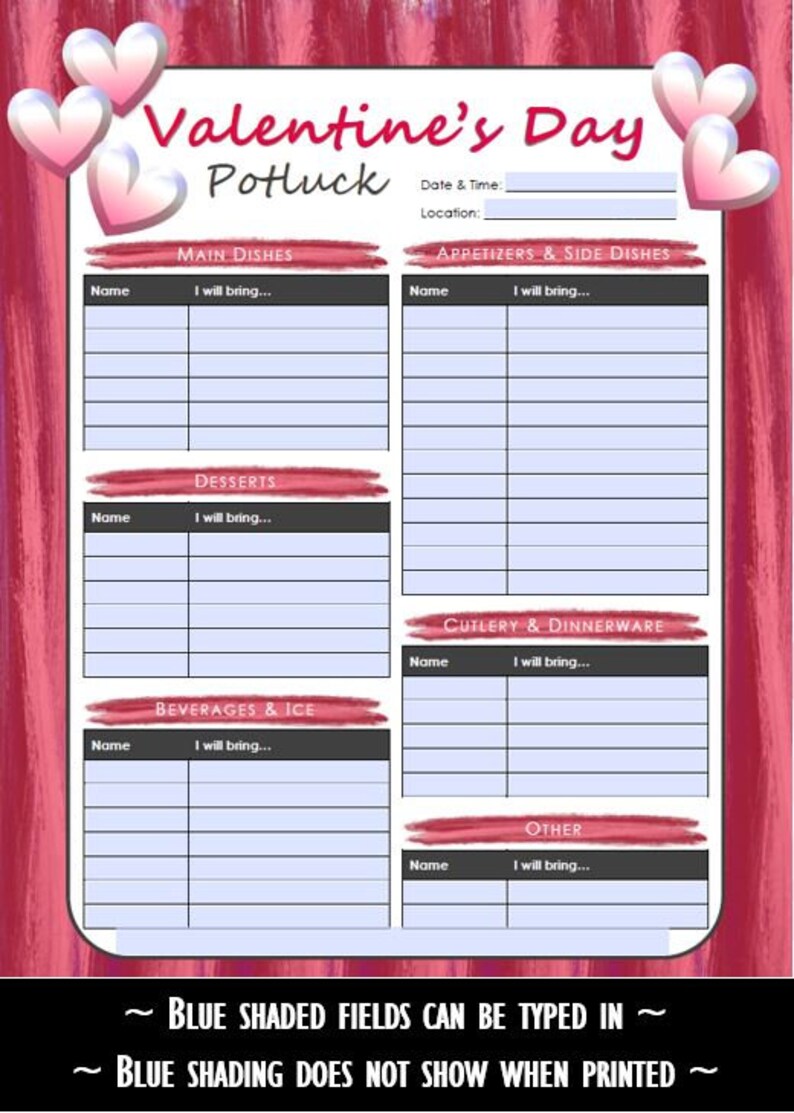 Valentine's Day Printable Potluck Sign-up Sheet 8.5x11 - Etsy