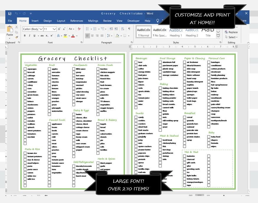 Editable Double-sided Grocery List, Large Font, 270+ Items, Printable ...