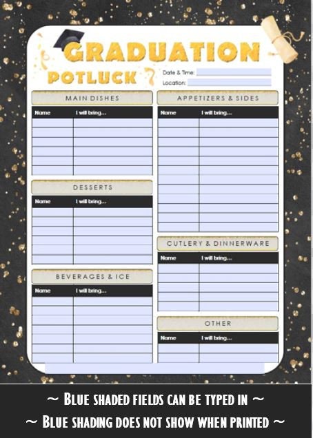 Graduation Printable Potluck Sign-up Sheet, 8.5x11 Fillable PDF, Family ...