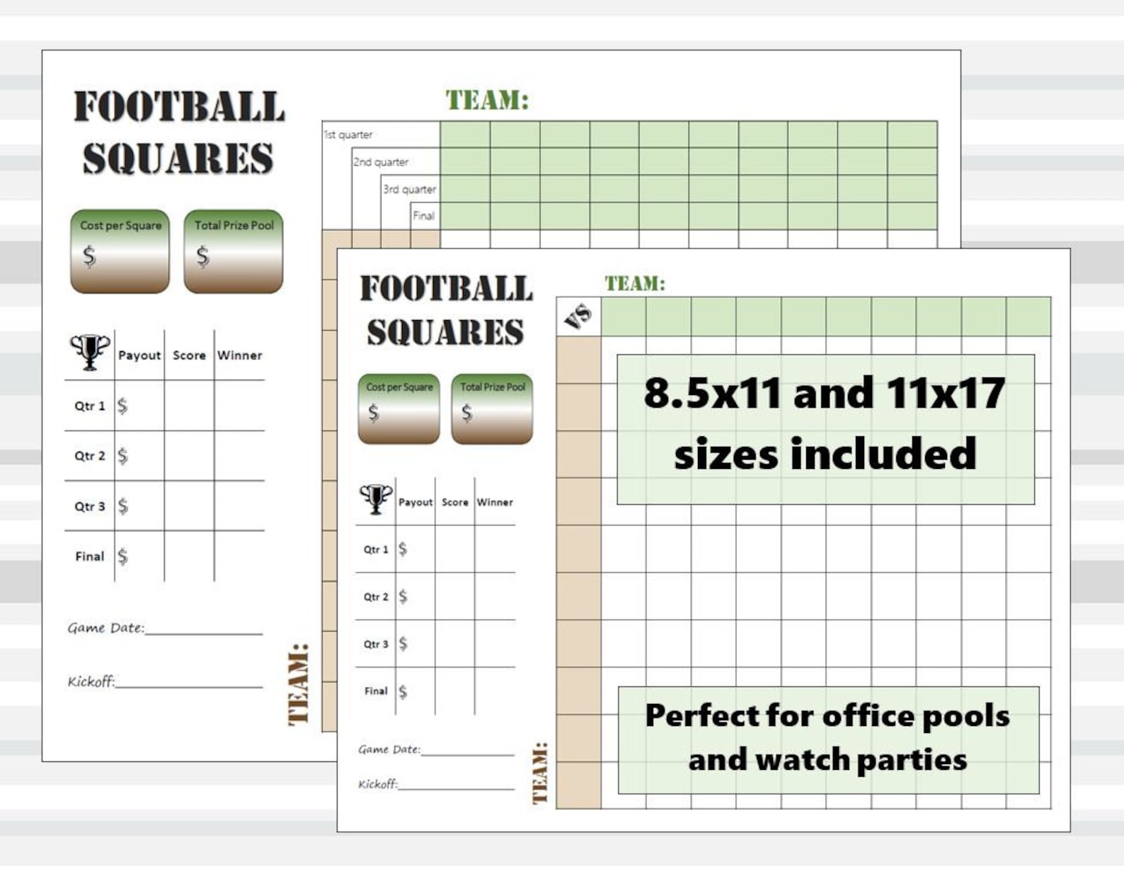 8.5"x11" and 11"x17" Football Squares Printable Template, Office Pool ...