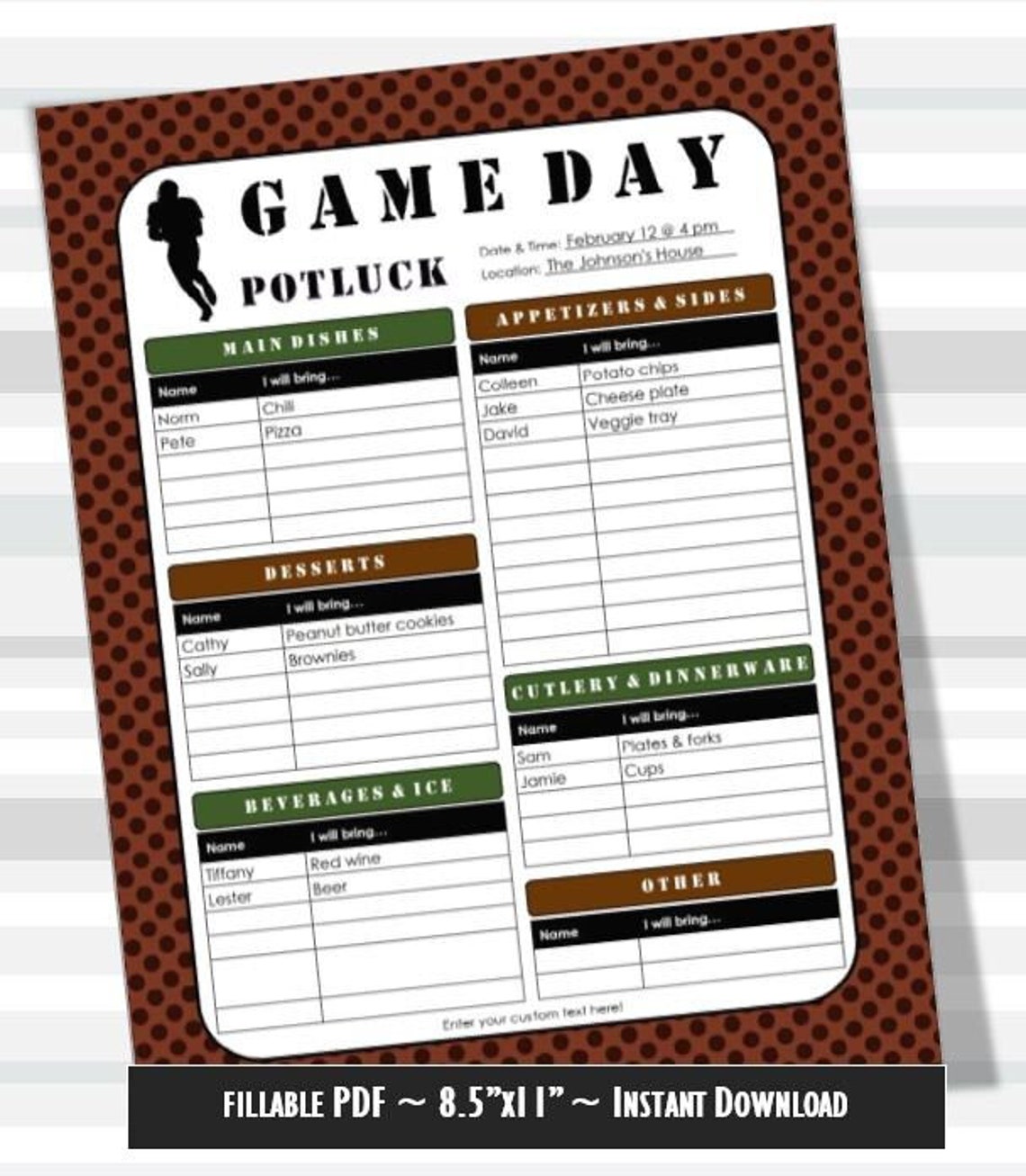 Football Sunday Printable Potluck Sign-up Sheet, the Super Big Game, 8 ...