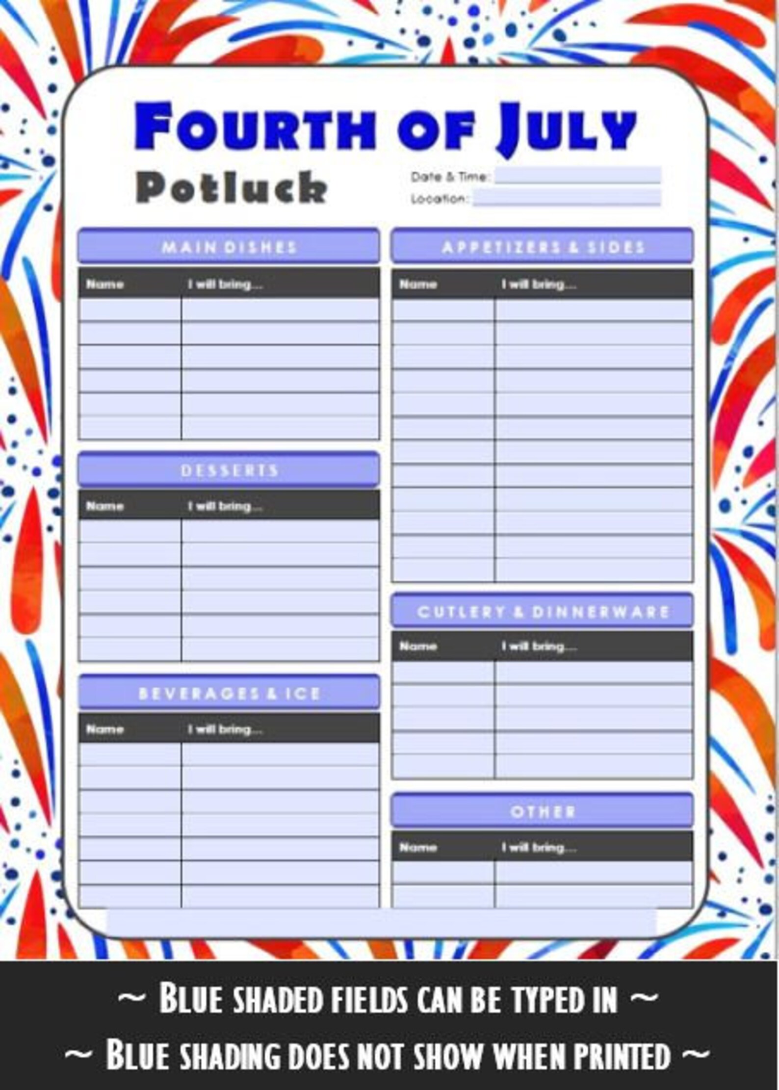 Fourth of July Printable Potluck Sign-up Sheet, 4th of July ...