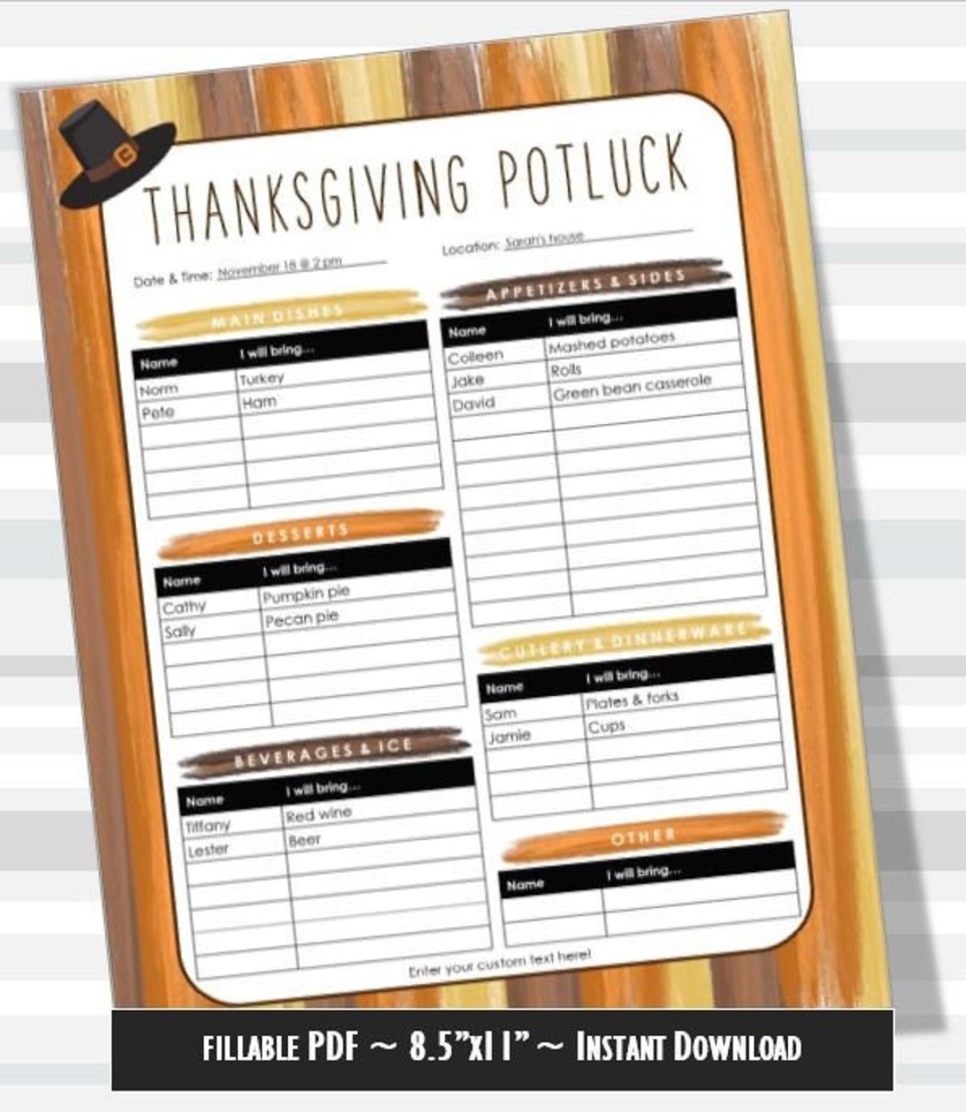 Thanksgiving Printable Potluck Sign-up Sheet, 8.5x11 Fillable PDF ...