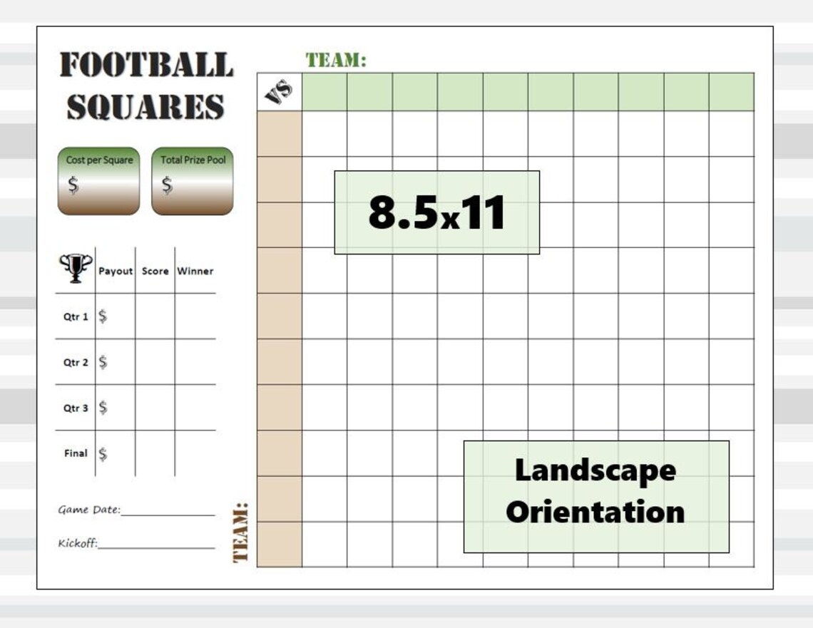 8.5"x11" and 11"x17" Football Squares Printable Template, Office Pool ...