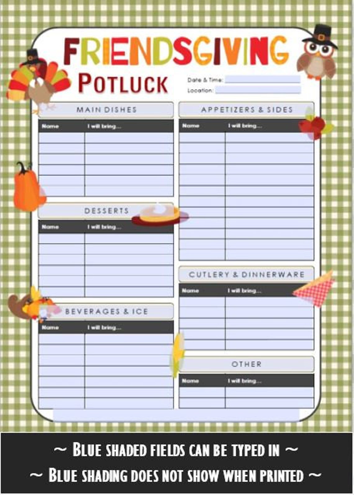 Friendsgiving Printable Potluck Sign-up Sheet, 8.5x11 Fillable PDF ...