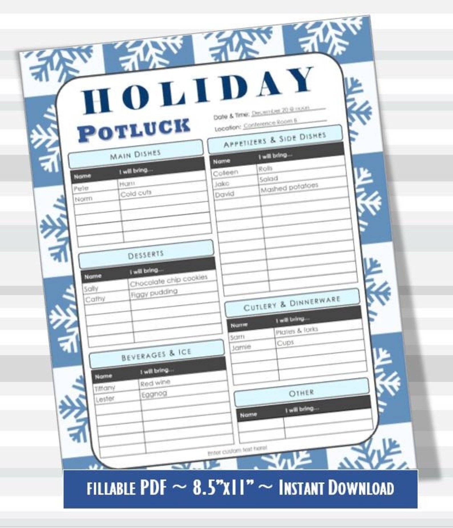 Holiday Snowflake Printable Potluck Sign-Up Sheet 8.5x11 | Etsy