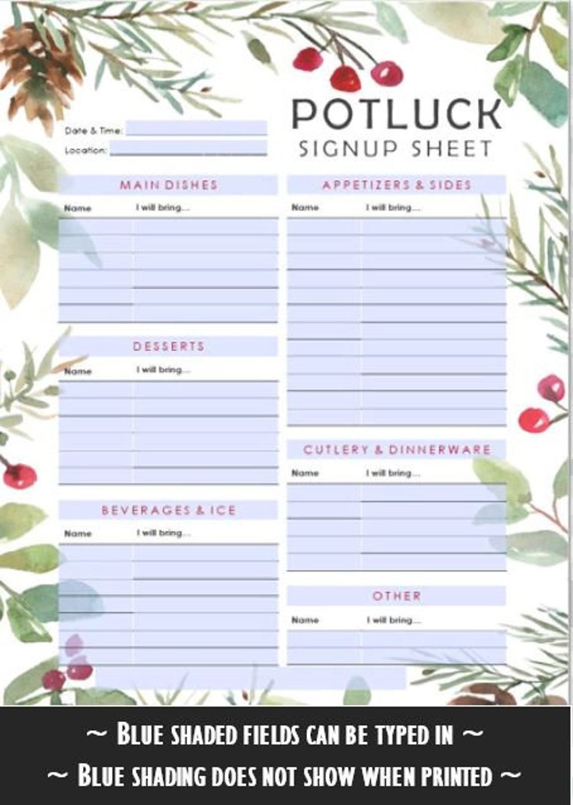 Holiday Greenery Printable Potluck Sign-up Sheet 8.5x11 - Etsy