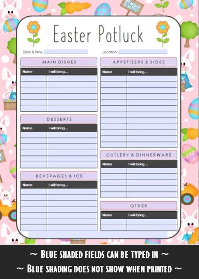 Easter Printable Potluck Sign-up Sheet, 8.5x11 Fillable PDF, Family or ...