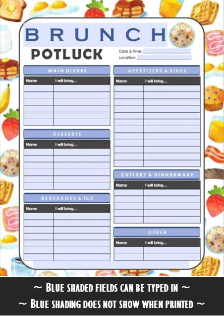 Brunch Printable Potluck Sign-up Sheet, 8.5x11 Fillable PDF, Breakfast ...