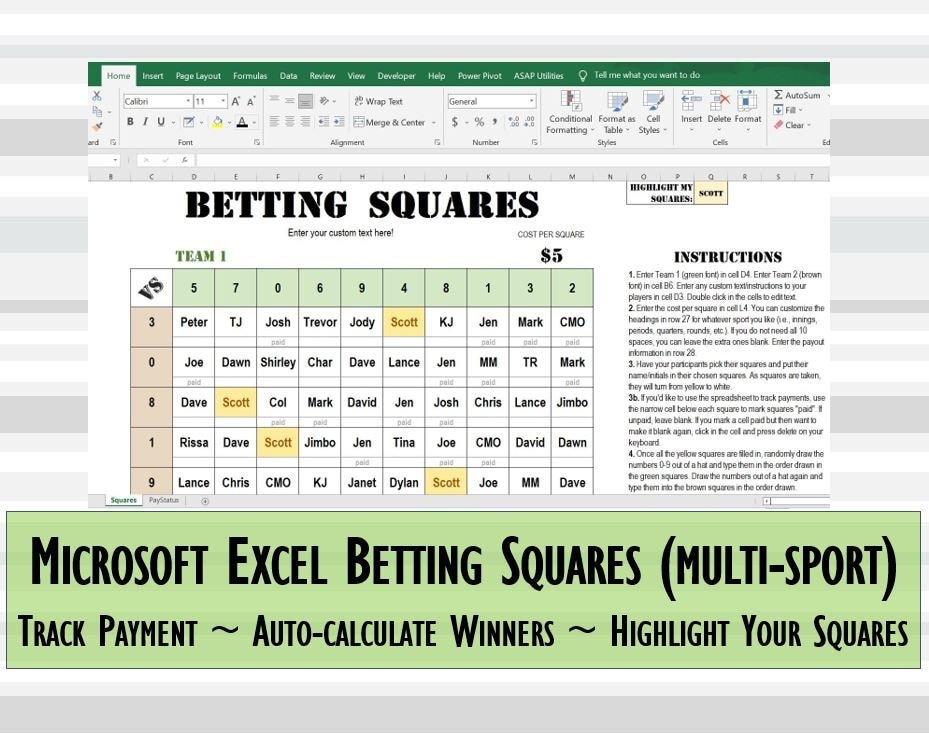 Betting Squares Excel Template (100 Squares), Reusable, Editable ...