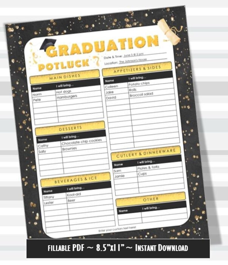 Graduation Printable Potluck Sign-up Sheet, 8.5x11 Fillable PDF, Family ...