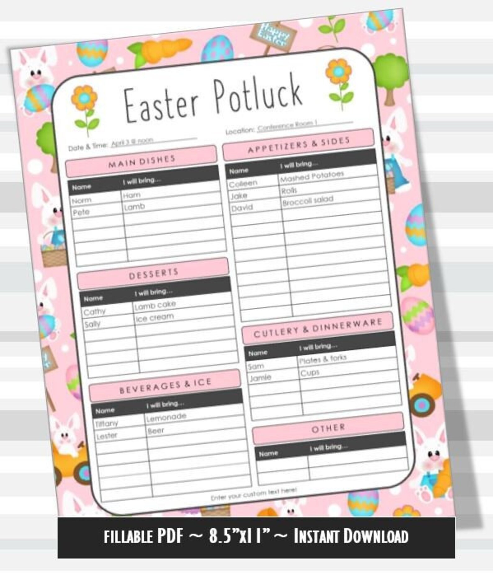 Easter Printable Potluck Sign-up Sheet, 8.5x11 Fillable PDF, Family or ...