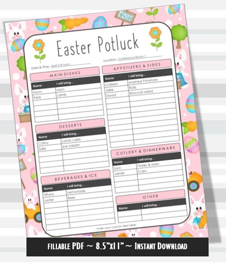 Easter Printable Potluck Sign-up Sheet, 8.5x11 Fillable PDF, Family or ...