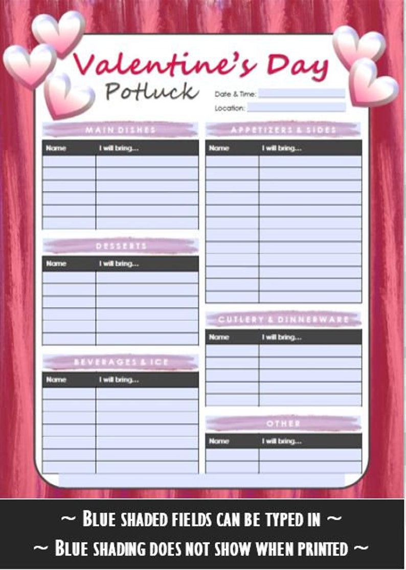 Valentine's Day Printable Potluck Sign-up Sheet, 8.5x11 Fillable PDF ...