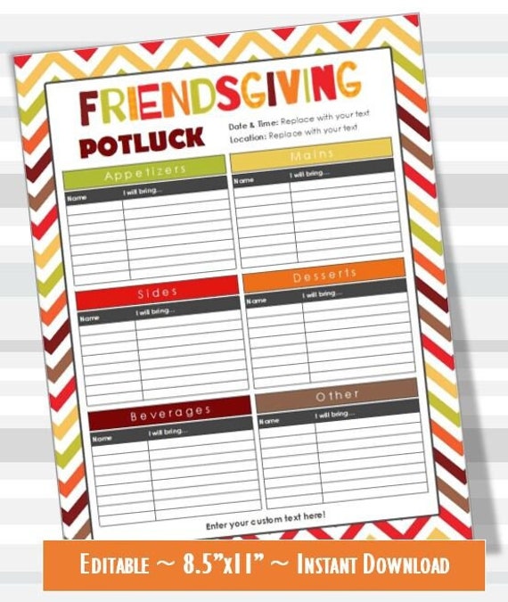Friendsgiving Printable Potluck Sign up Sheet EDITABLE Etsy UK