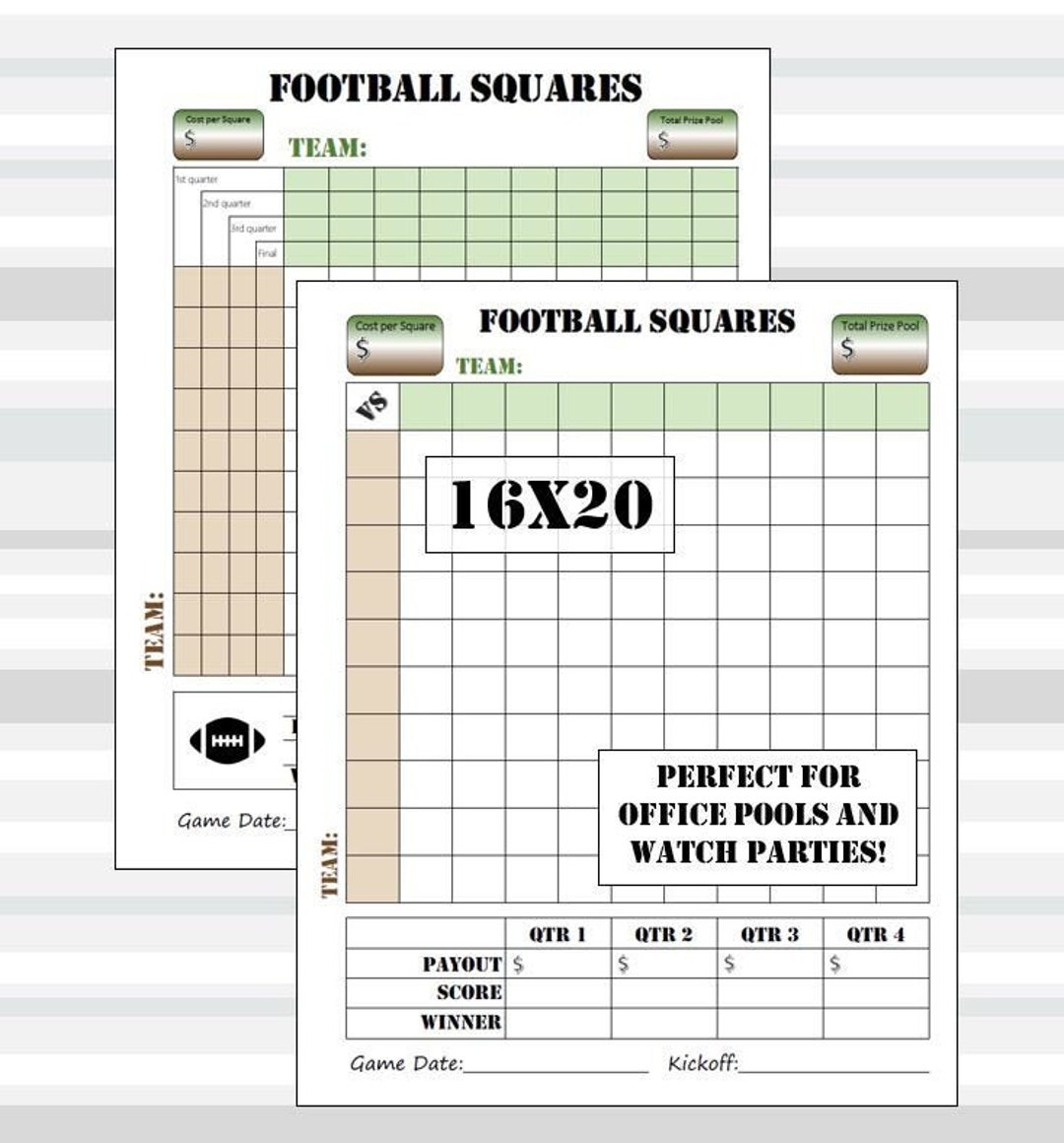 16"x20" Football Squares Printable Template, Office Pool, Instant ...