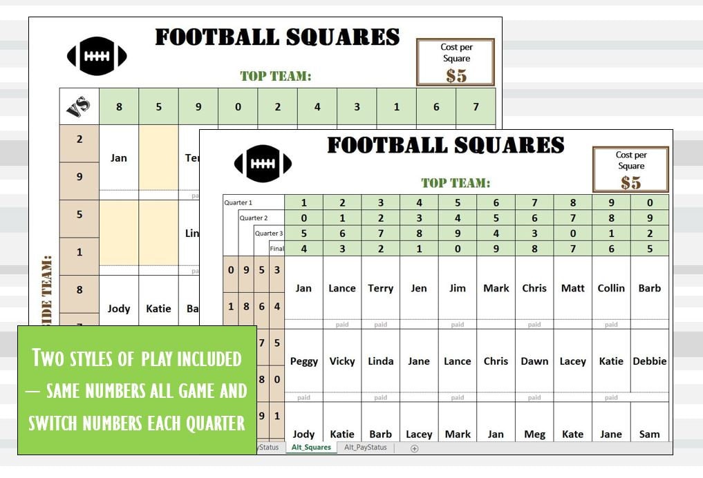 50 Square Football Squares Excel Template, Reusable, Editable, Auto ...