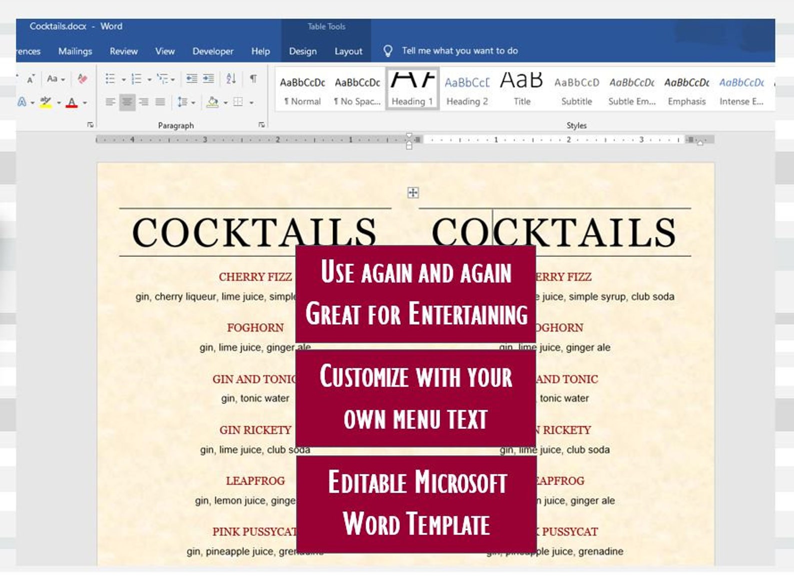 Cocktail and Happy Hour Printable Drink Menu, PDF, Perfect for ...