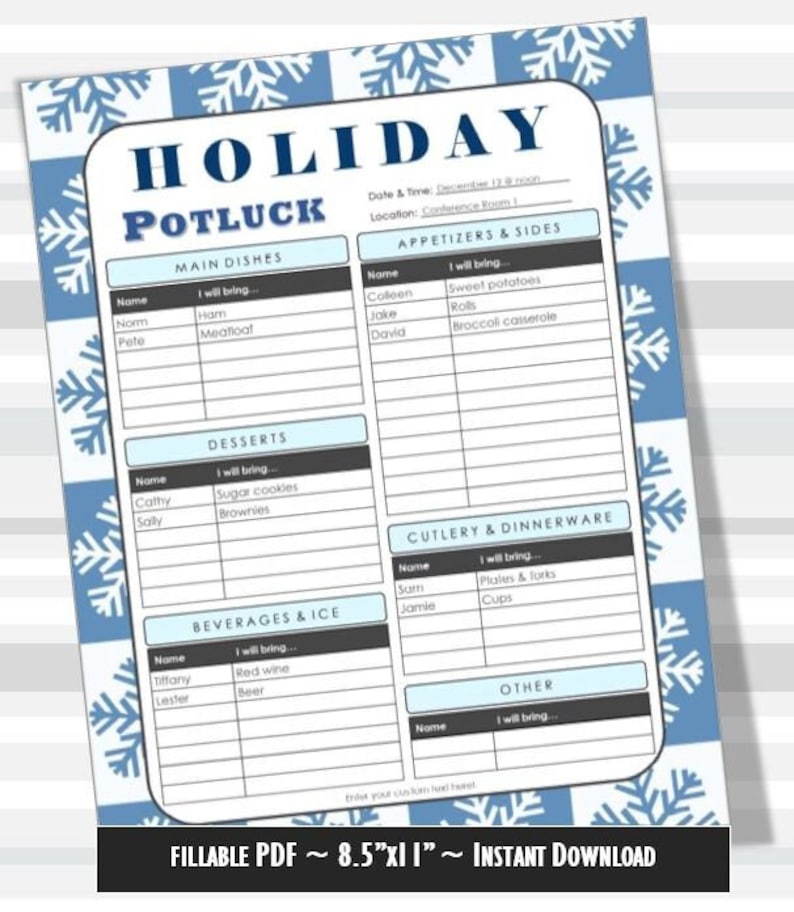 Holiday Printable Potluck Sign-up Sheet, Winter, Hanukkah, Christmas, 8 ...