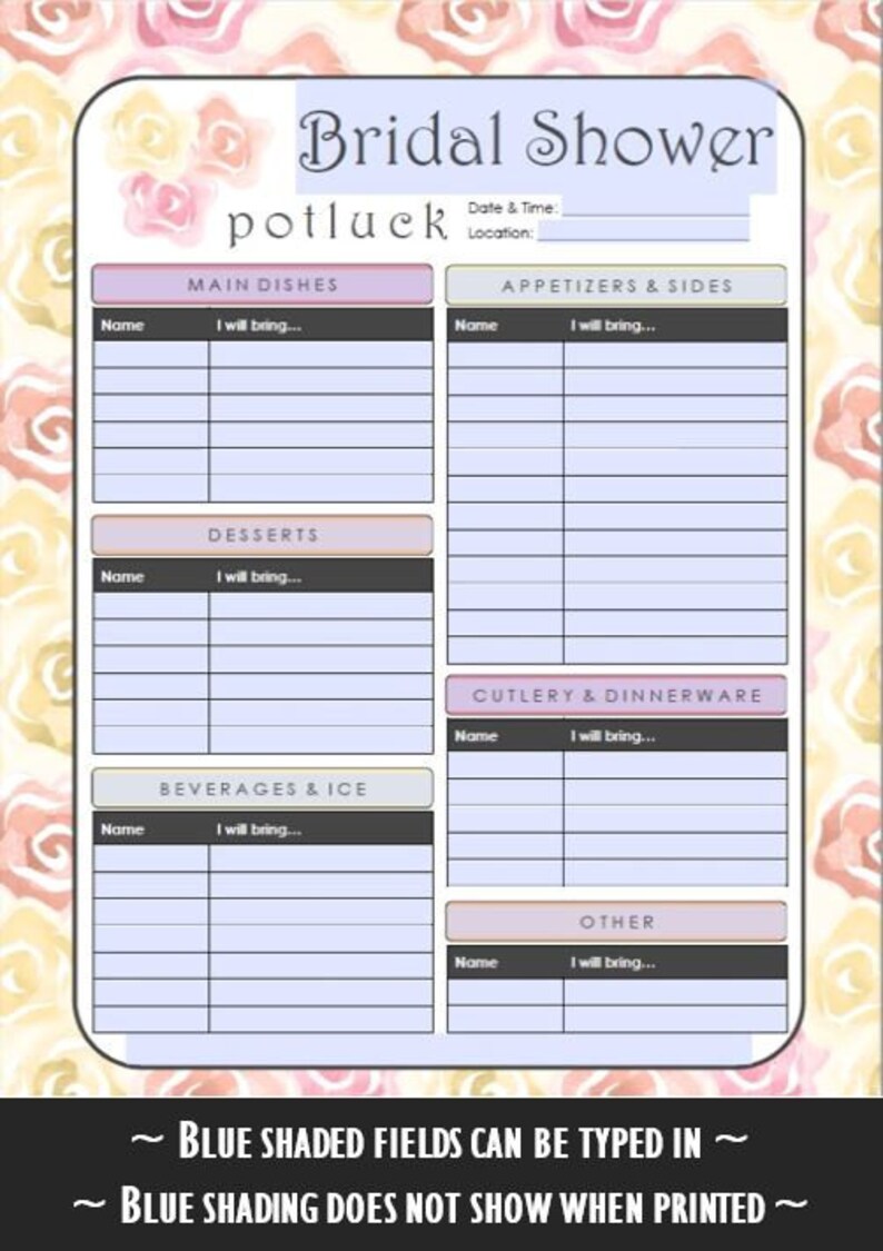 Bridal or Wedding Shower Printable Potluck Sign-up Sheet, 8.5x11 ...