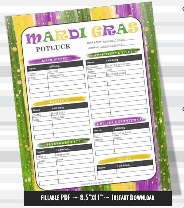 Mardi Gras Printable Potluck Sign-up Sheet, 8.5x11 Fillable PDF, Family ...