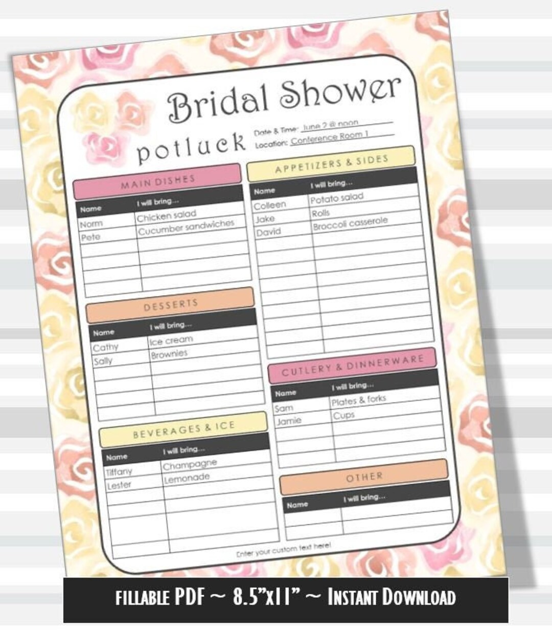 Bridal or Wedding Shower Printable Potluck Sign-up Sheet, 8.5x11 ...