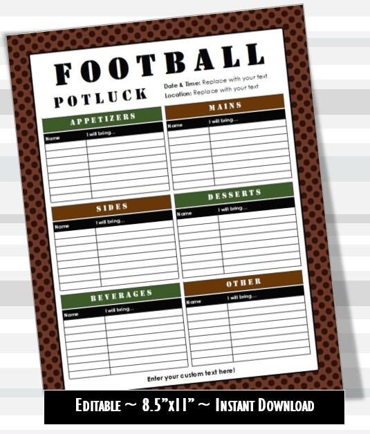 Football Party Printable Potluck Sign-up Sheet, Game Day, EDITABLE ...