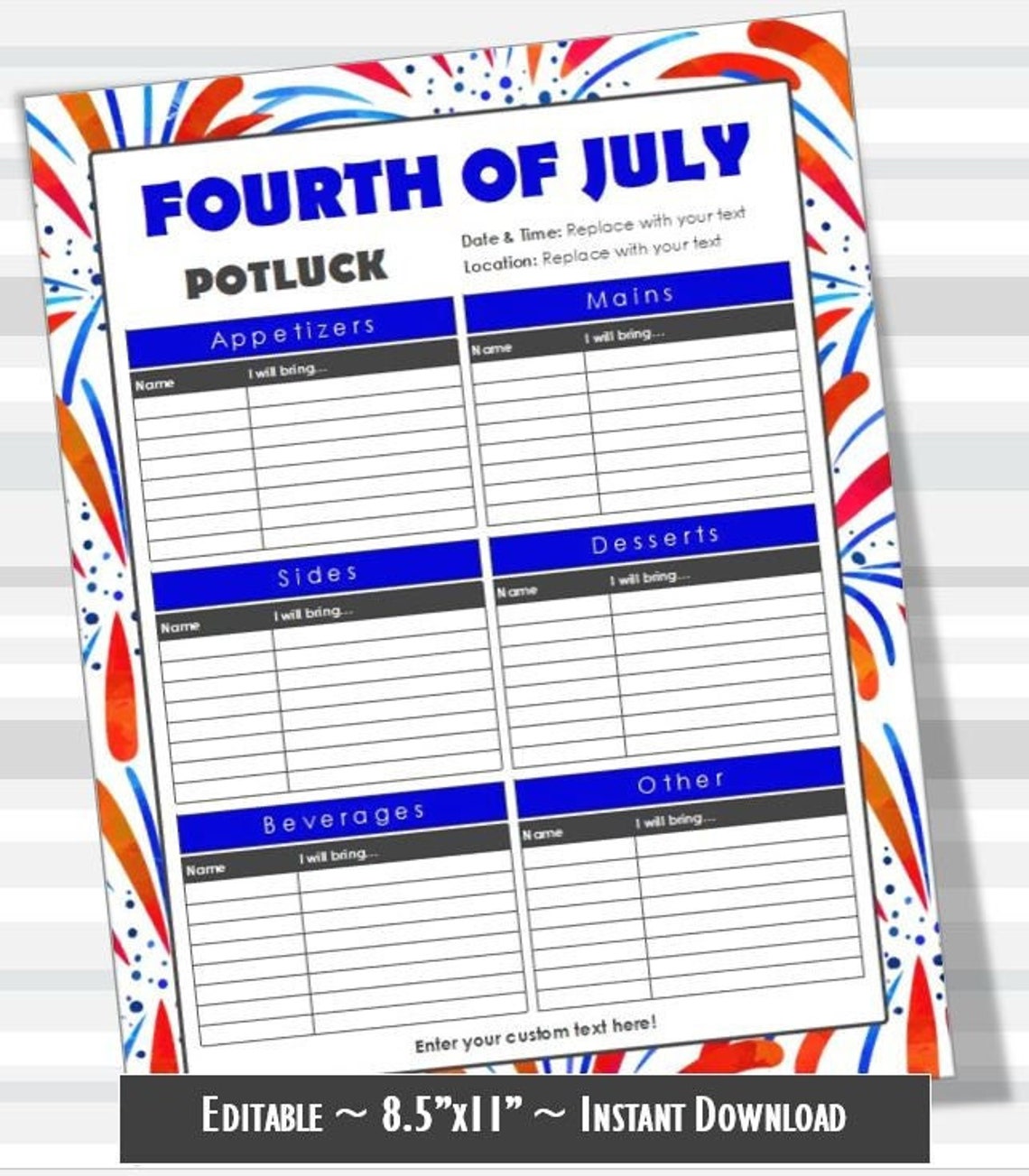 Fourth of July Printable Potluck Sign-up Sheet, EDITABLE, Microsoft ...