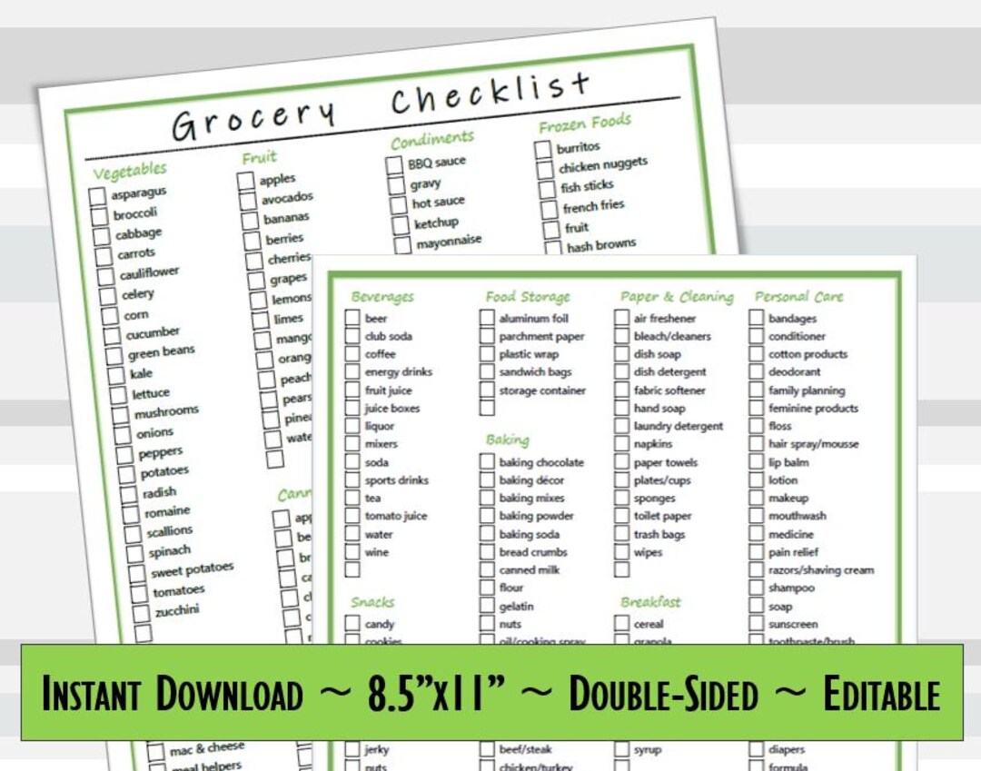 Editable Double-sided Grocery List, Large Font, 270+ Items, Printable ...