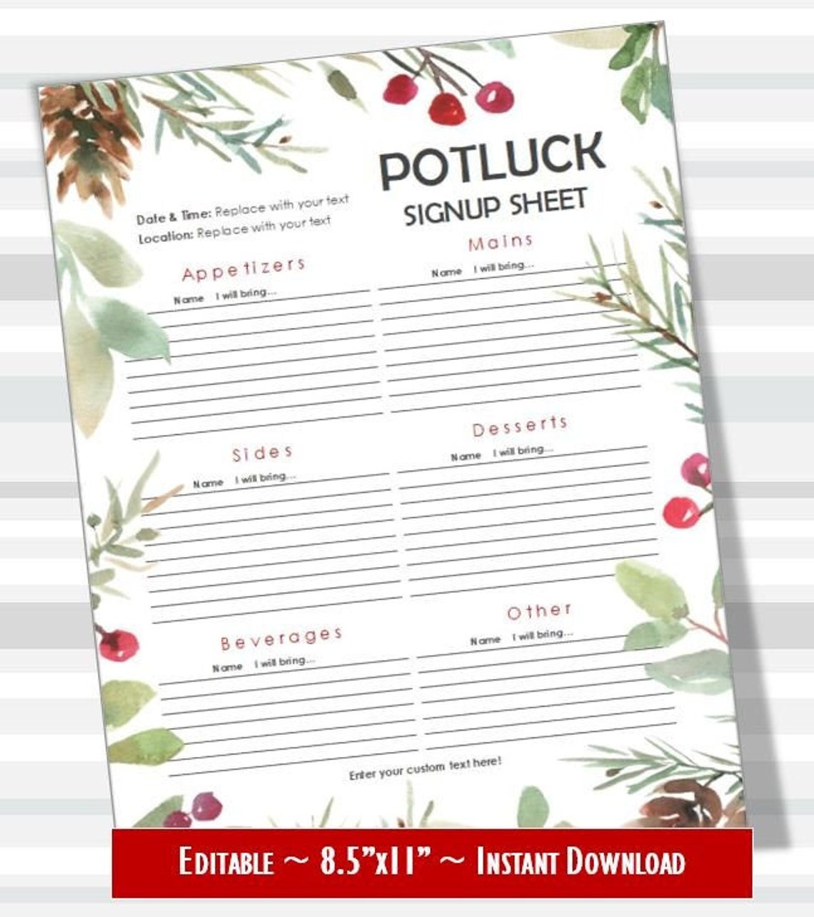 Holiday Greenery Printable Potluck Sign-up Sheet, EDITABLE, 8.5x11 ...